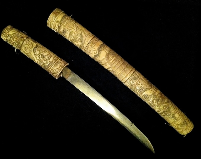 Antique Carved Ivory Knife With Sheath Japanese Meme of a Samurai Tanto ...