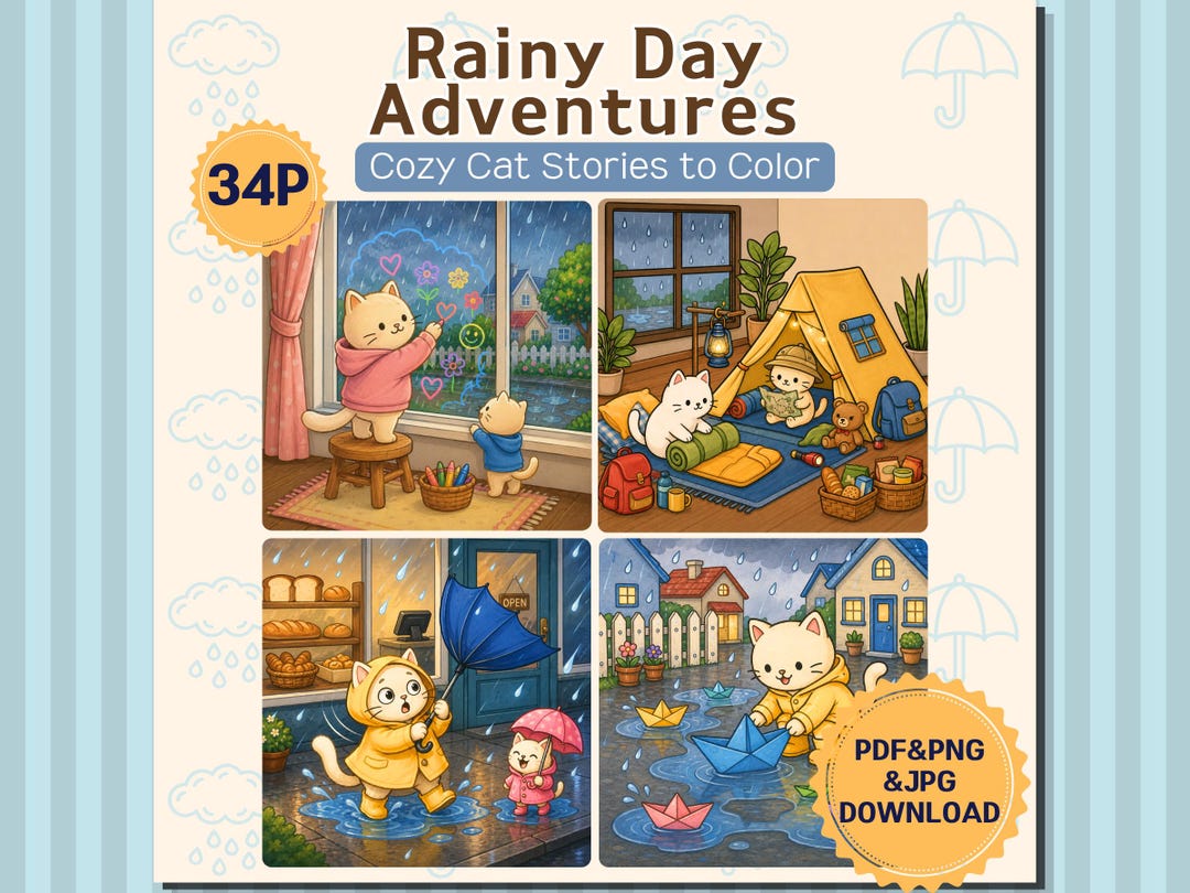 Cozy Cat Coloring Book, Rainy Day Adventures, Bold Easy Animal Pages ...
