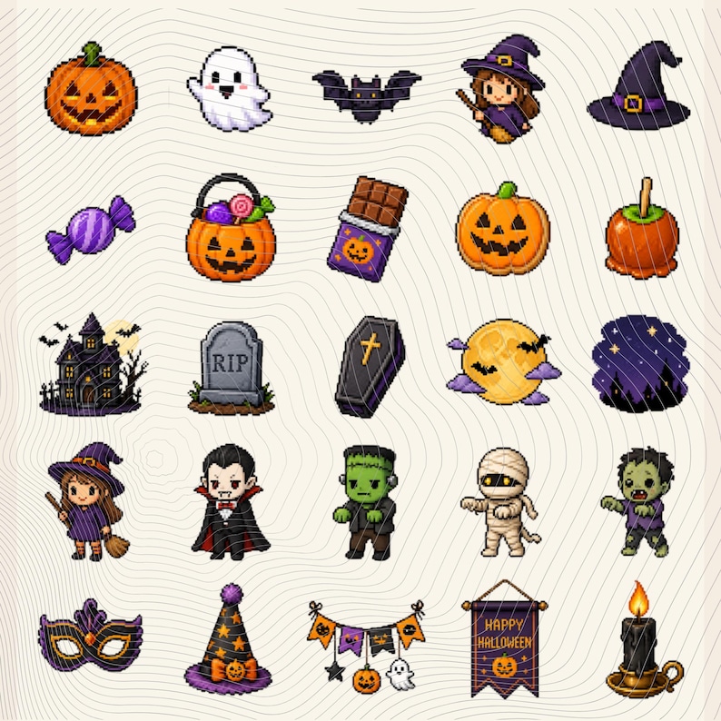 50-piece Set of Pixel Art Halloween Clipart | PNG Cocktail Icons | Cute ...