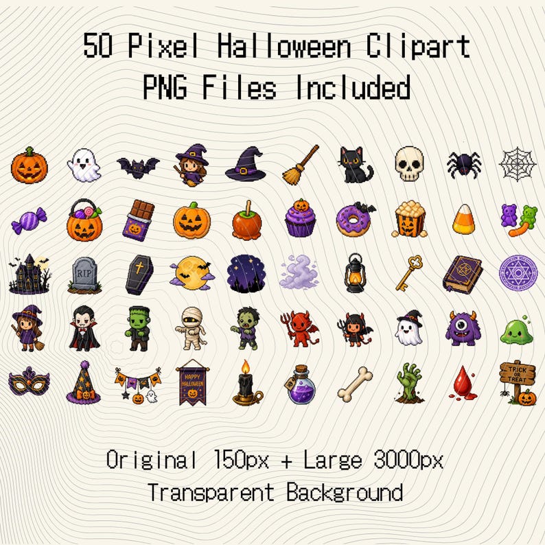 50-piece Set of Pixel Art Halloween Clipart | PNG Cocktail Icons | Cute ...