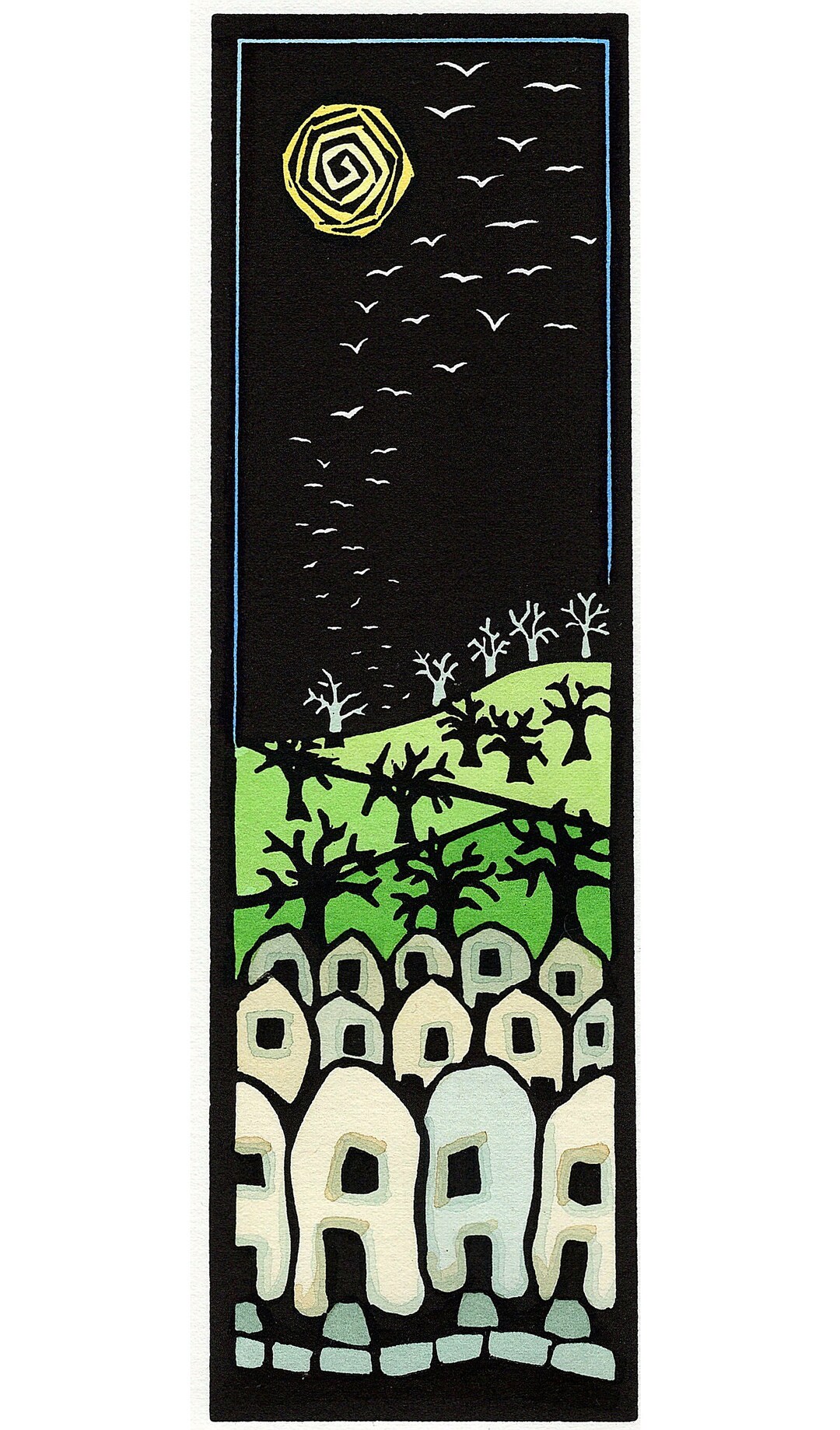 Original Linocut (2218) of a Landscape With Houses, Trees, and Birds by ...