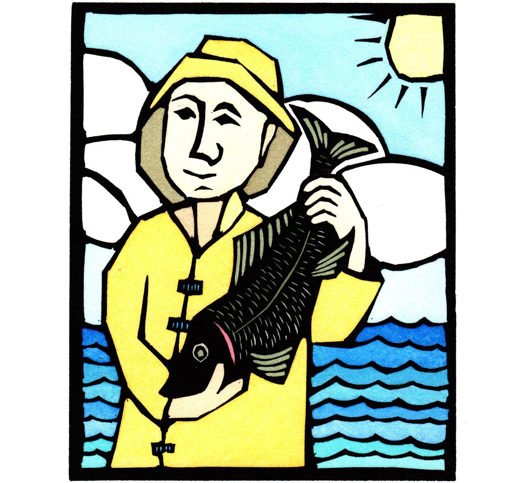 Original Linocut (1325) of Man With Fish by Ken Swanson - Etsy