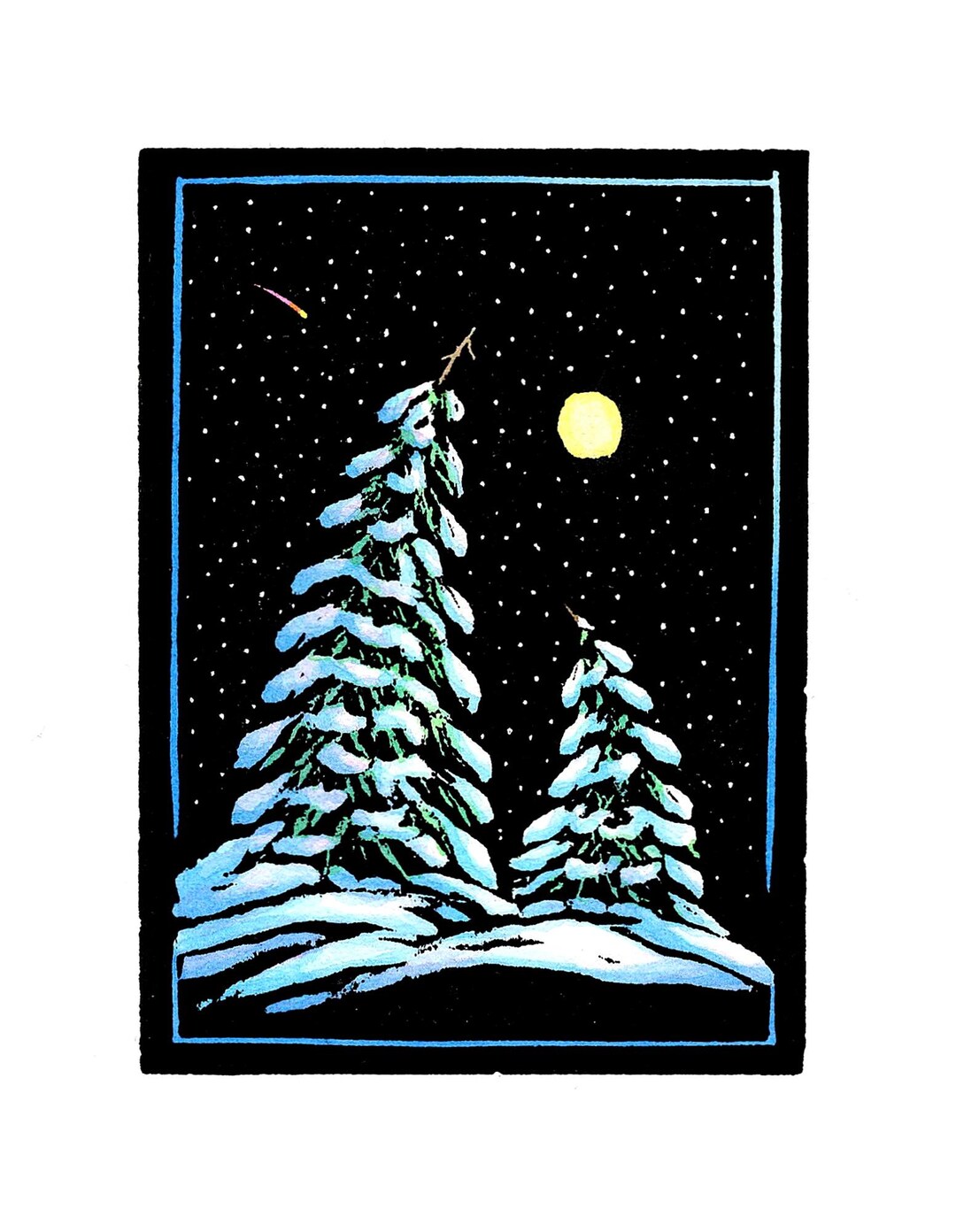 NEW Original Linocut 1830 of Two Snow Covered Pine Trees With Winter ...