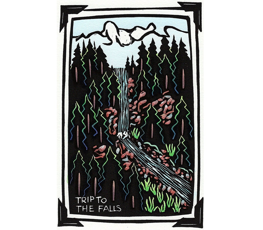 Original Linocut (2118) of a Picture of a Waterfall by Ken Swanson - Etsy