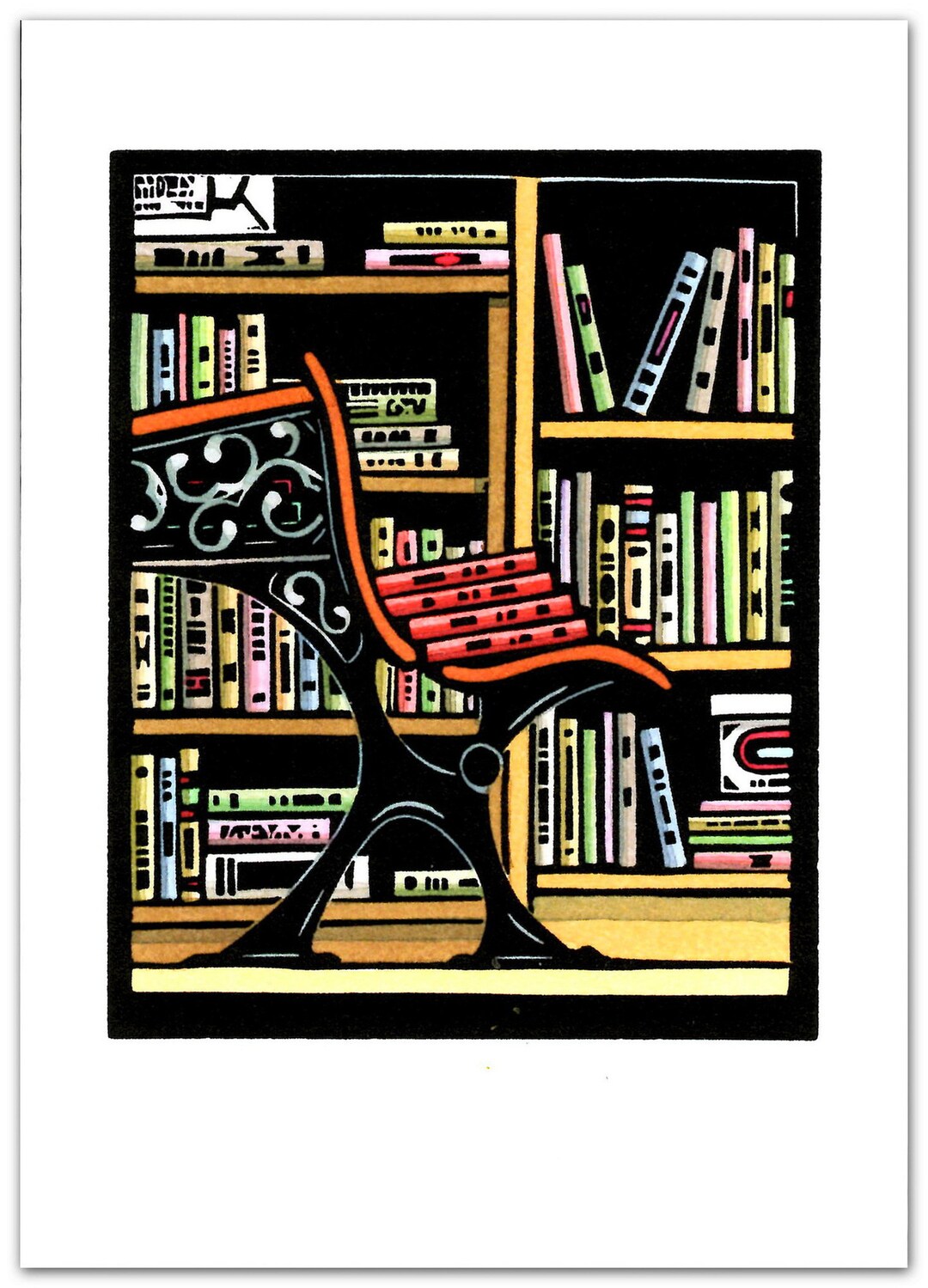 12 Greeting Cards of an Old School Desk and Book Shelves From a Linocut ...