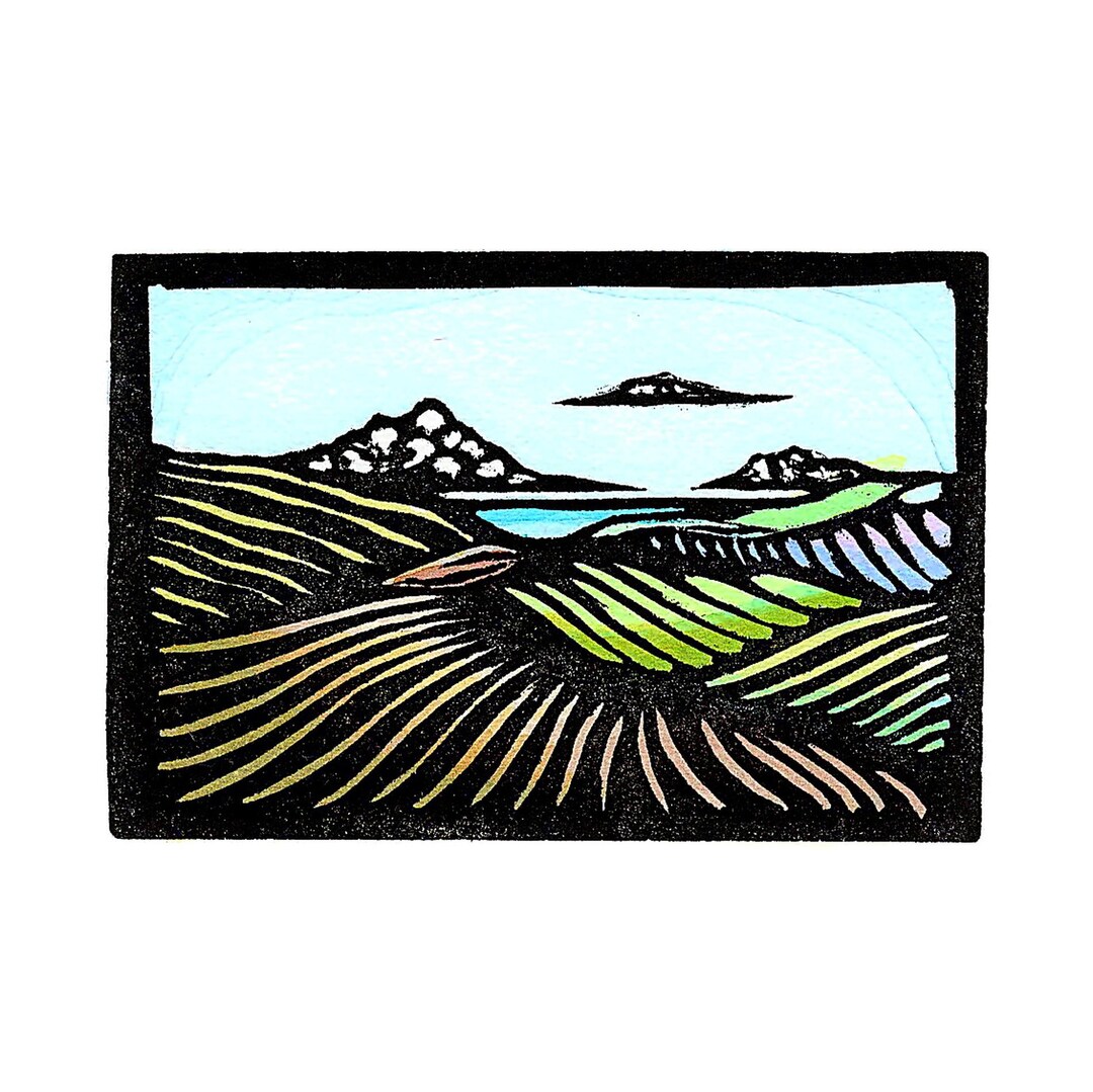 NEW Linocut (2526) Landscape With Fields, Lake, and Clouds - Etsy