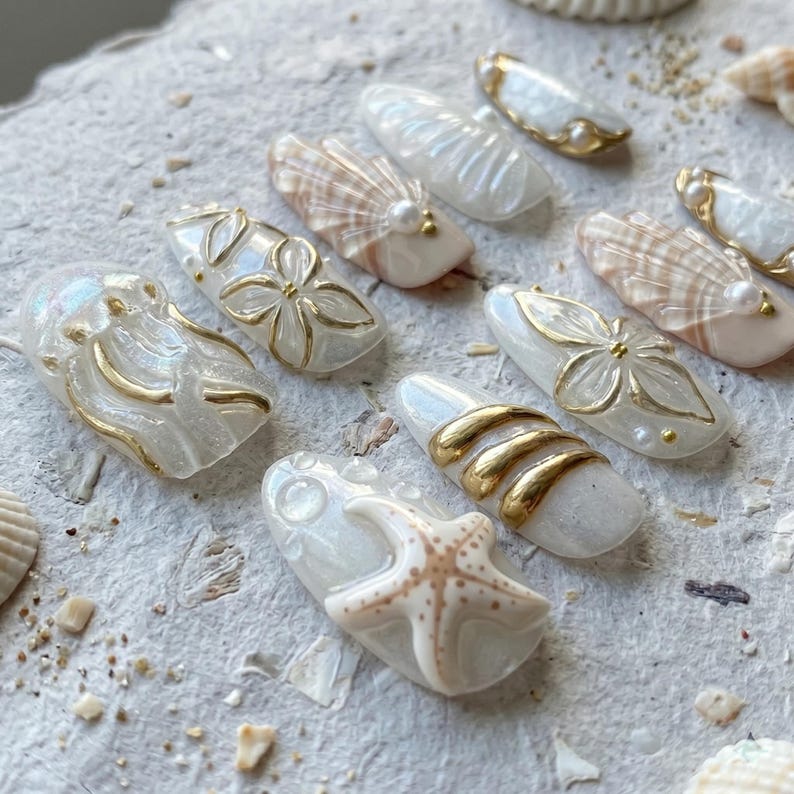 Mermaid Core Press on Nails, 3D Sea Shell Starfish Jelly Design, Luxury ...