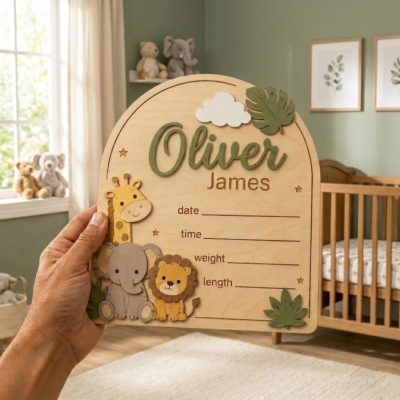 Personalized Safari Baby Stats Sign, Jungle Animals Wooden Birth ...