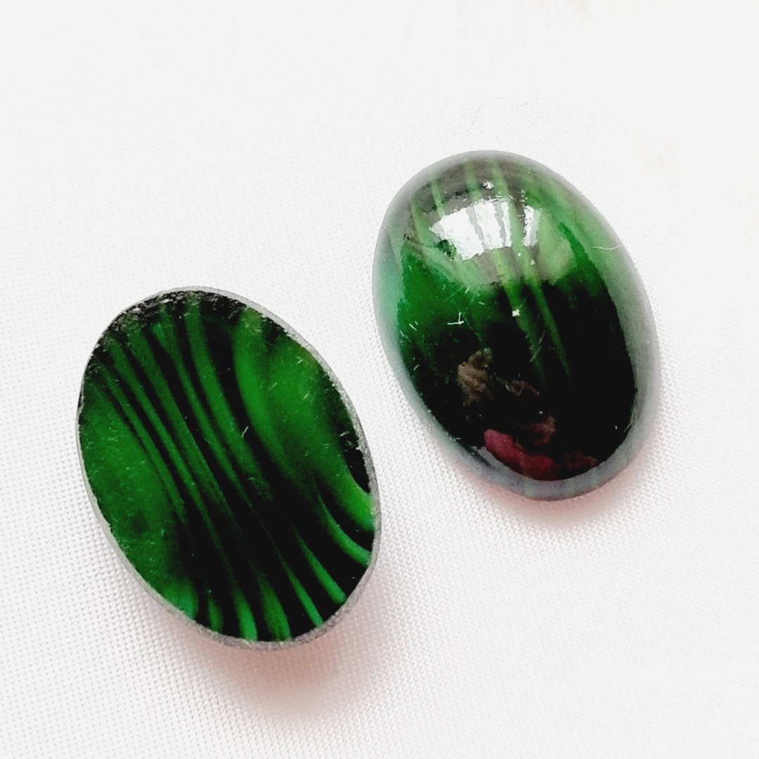 Vintage Dark Green Glass Cabochons, Striped Oval Stones, 25x18 Mm, Lot ...