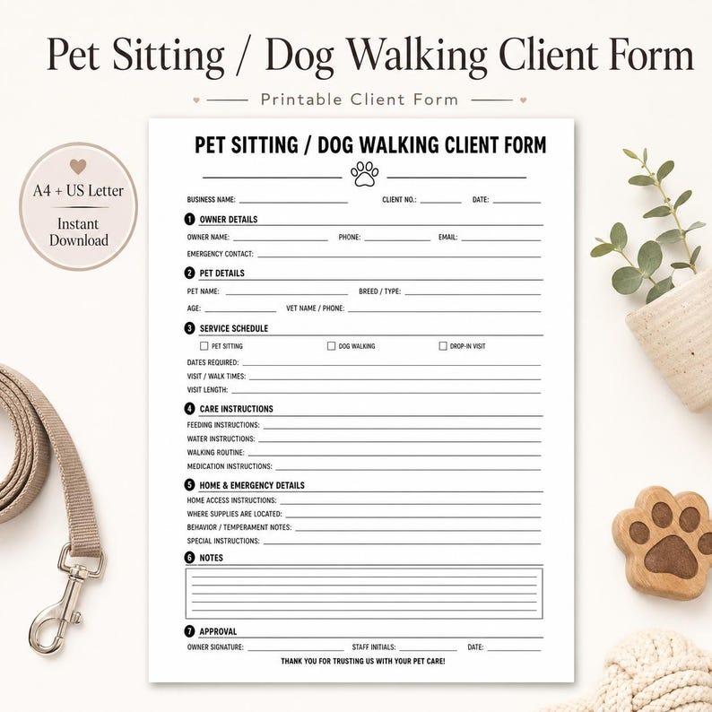 Pet Sitting Dog Walking Form | Printable Pet Care Client Sheet ...