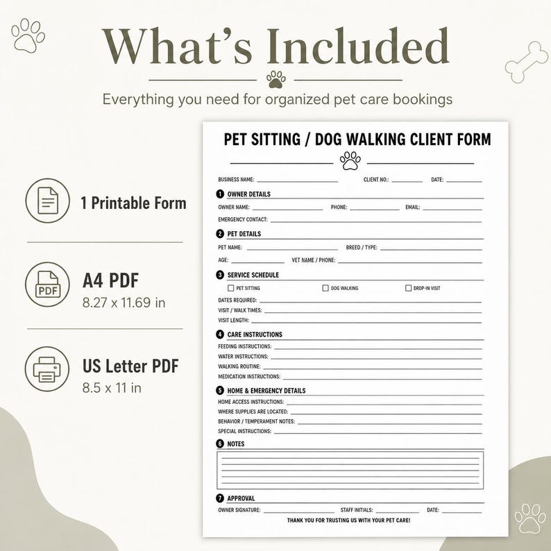 Pet Sitting Dog Walking Form | Printable Pet Care Client Sheet ...