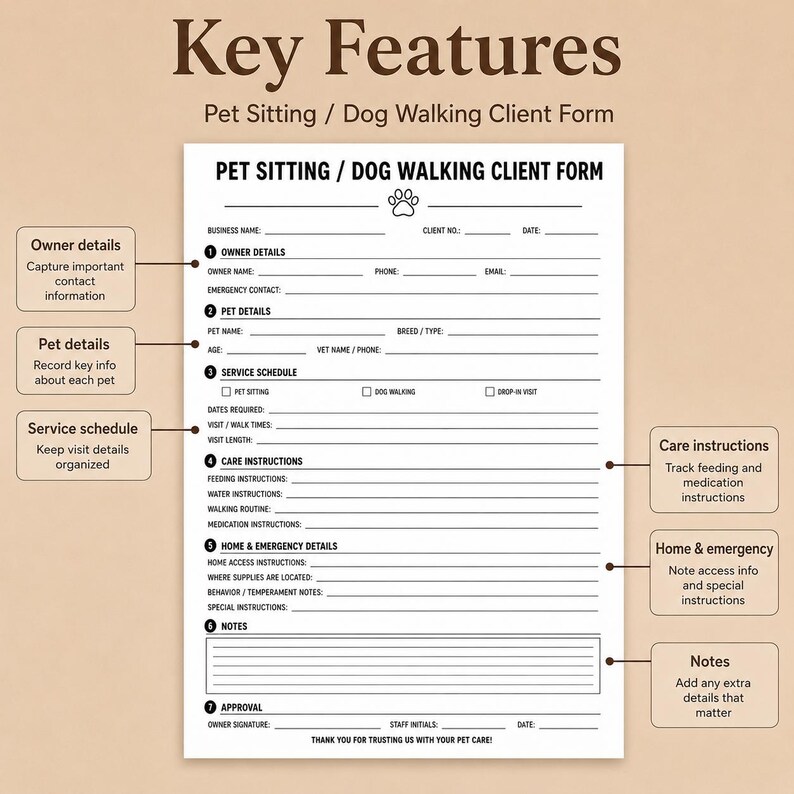 Pet Sitting Dog Walking Form | Printable Pet Care Client Sheet ...