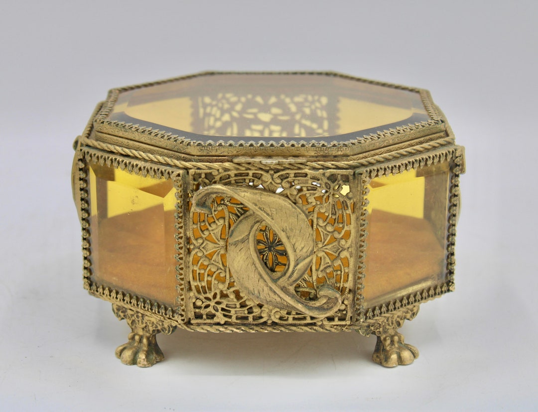 Large Antique French Amber Glass Footed Jewelry Box - Etsy