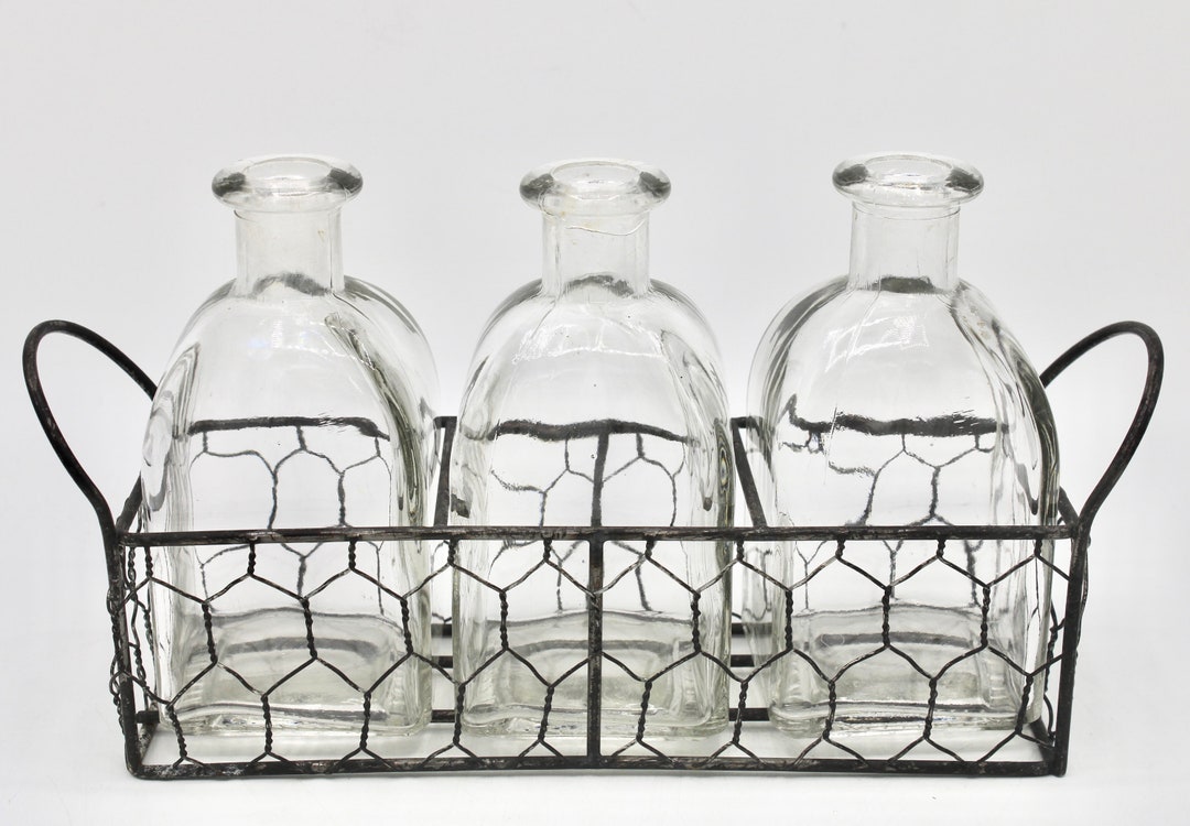 Vintage French Country Glass Jar Vases With Basket - Etsy