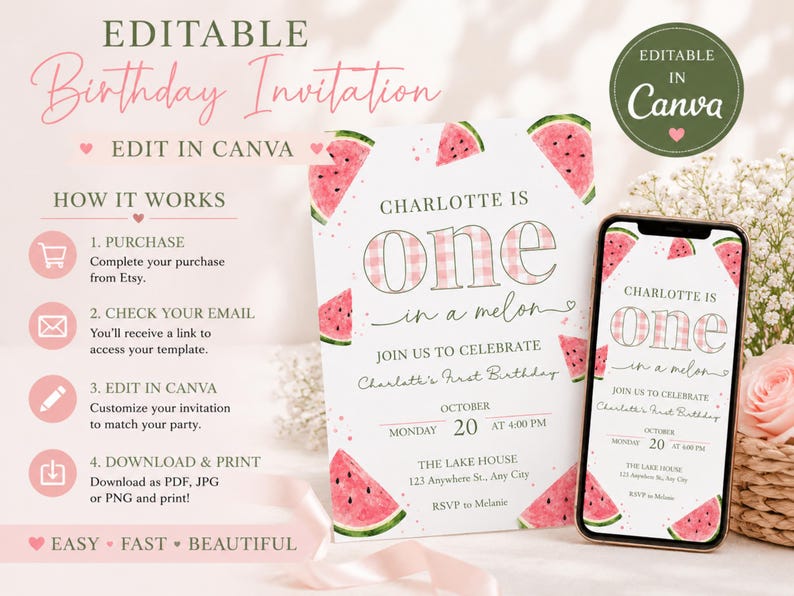 Watermelon Birthday Invitation Canva Template, Summer Melon Party ...