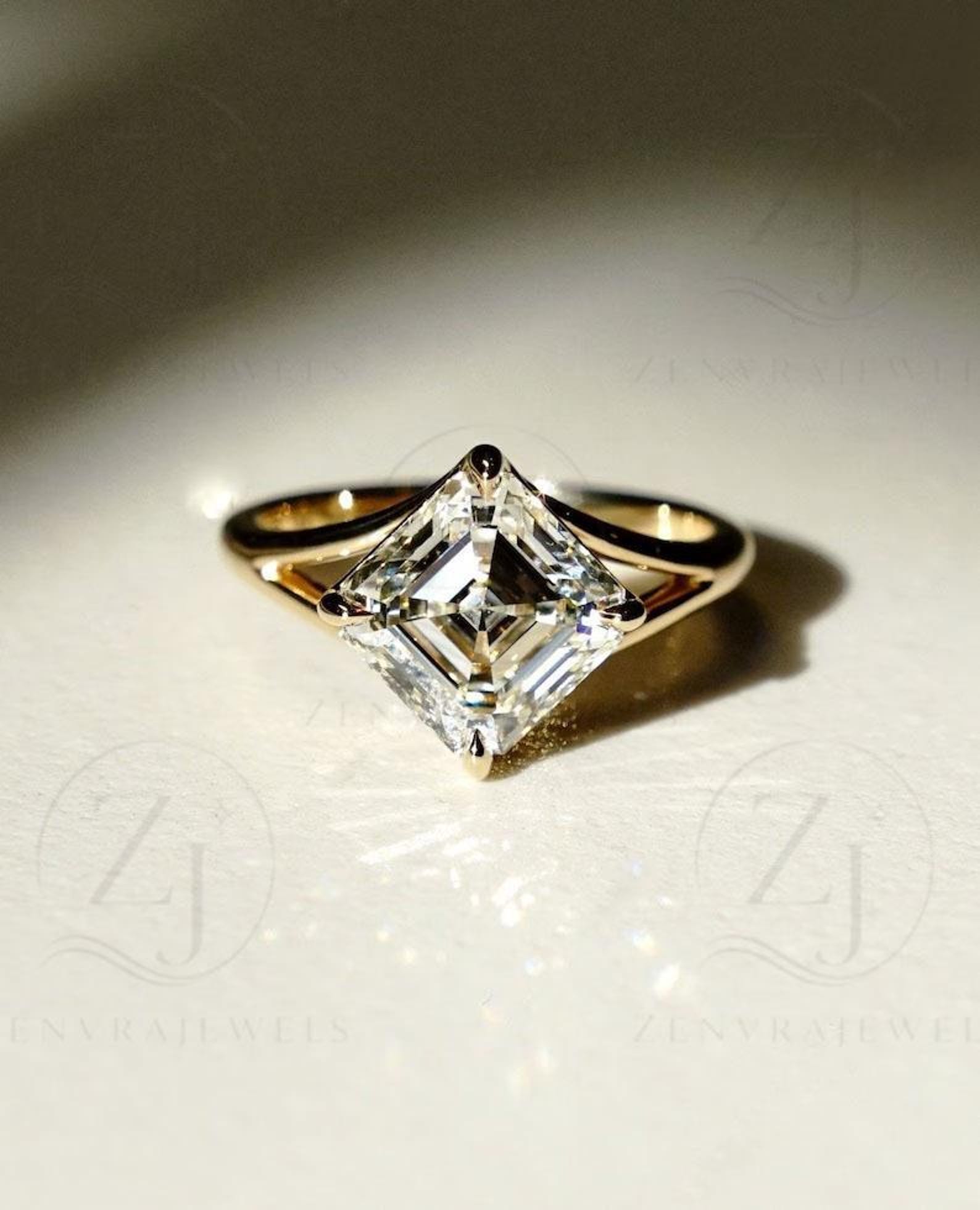 Asscher Cut Moissanite Ring, Split Shank Solitaire Engagement Ring, 925 ...