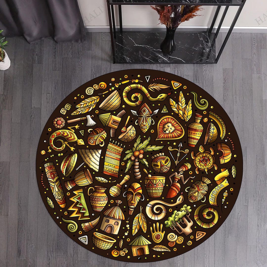 African Tribal Round Rug, Boho Ethnic Floor Decor, Safari Cultural ...