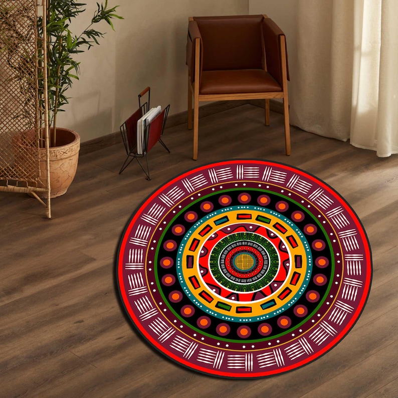 African Tribal Mandala Round Rug, Boho Ethnic Pattern Floor Mat ...