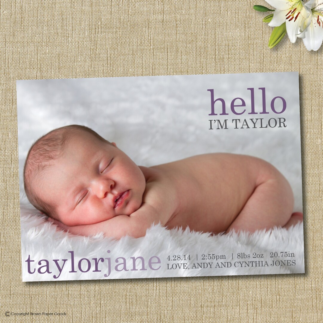 Baby Girl Birth Announcement. Custom Photo Card. Hello - Etsy