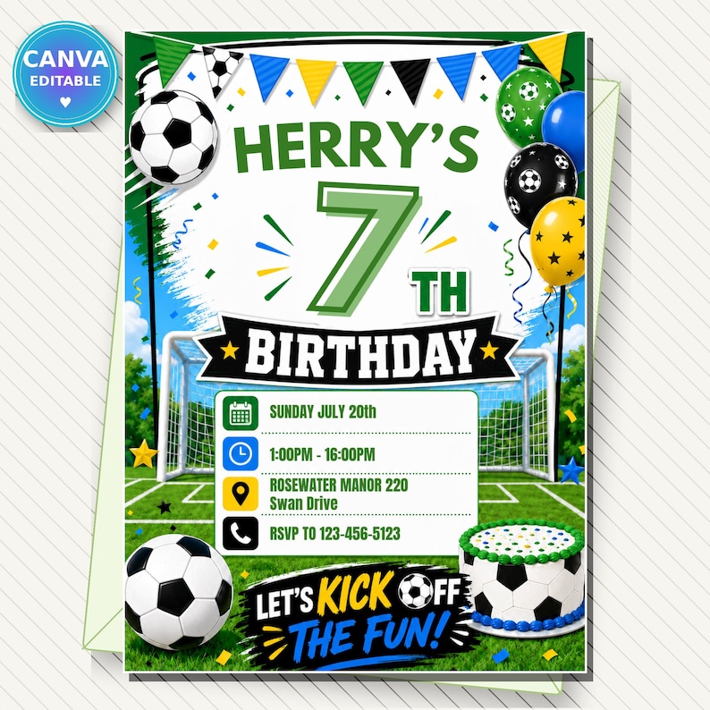 Soccer Birthday Invitation Canva Template, Green Football Party Invite ...