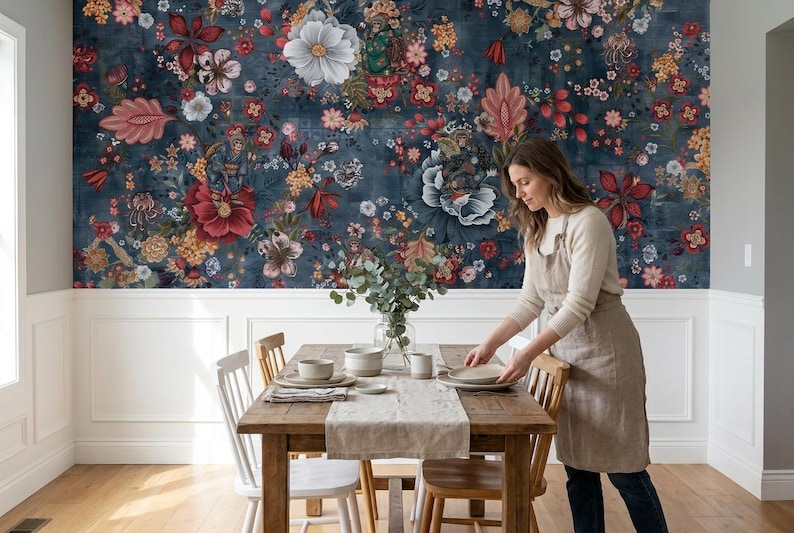 Japanese Monkey Kimono Wallpaper, Dark Navy Floral Mural, Chinoiserie ...