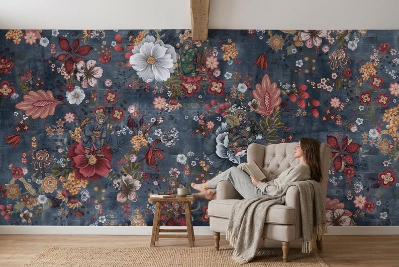 Japanese Monkey Kimono Wallpaper, Dark Navy Floral Mural, Chinoiserie ...