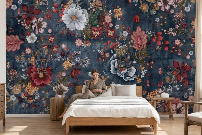 Japanese Monkey Kimono Wallpaper, Dark Navy Floral Mural, Chinoiserie ...