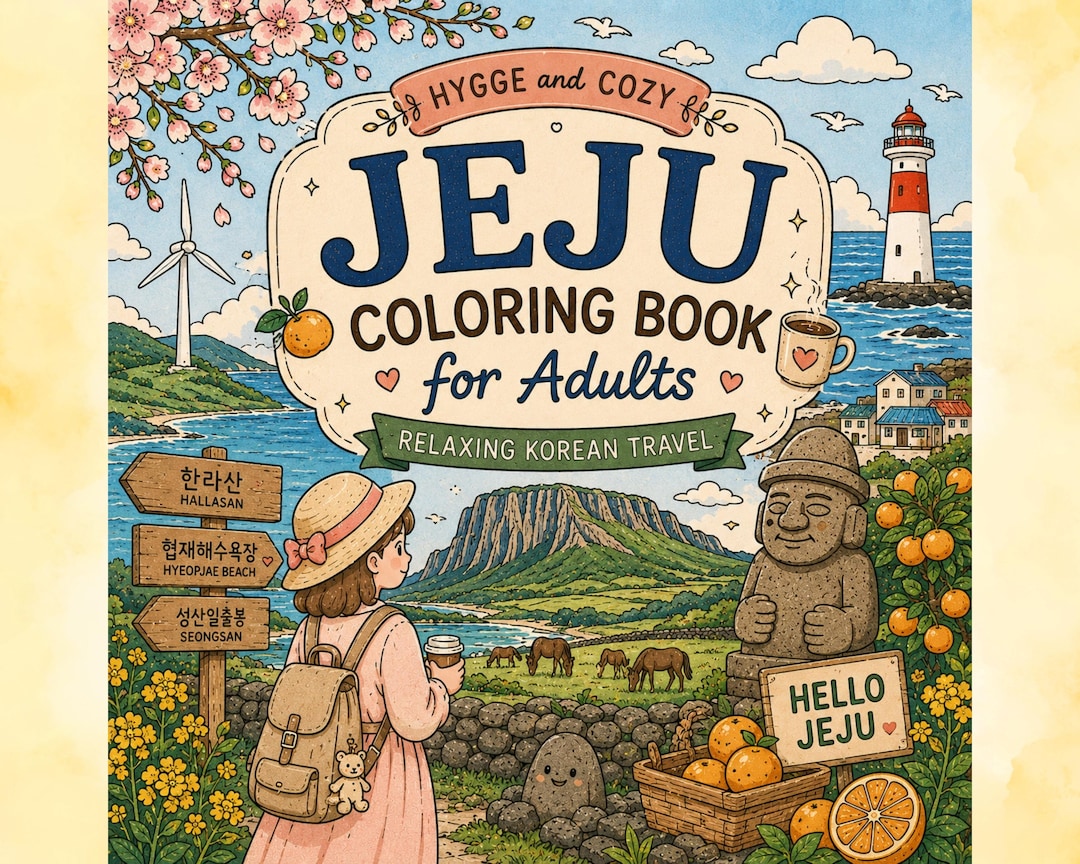 Hygge Jeju Coloring Book for Adults, Relaxing Korean Travel Scenes ...