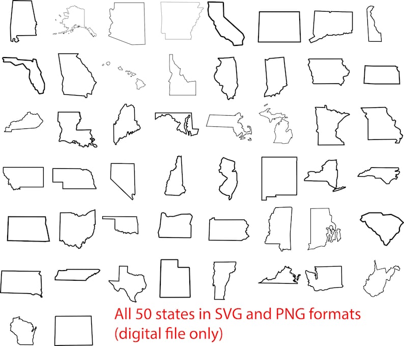 Simple 50 USA States Individual Outlines Shapes Svg and Png - Etsy