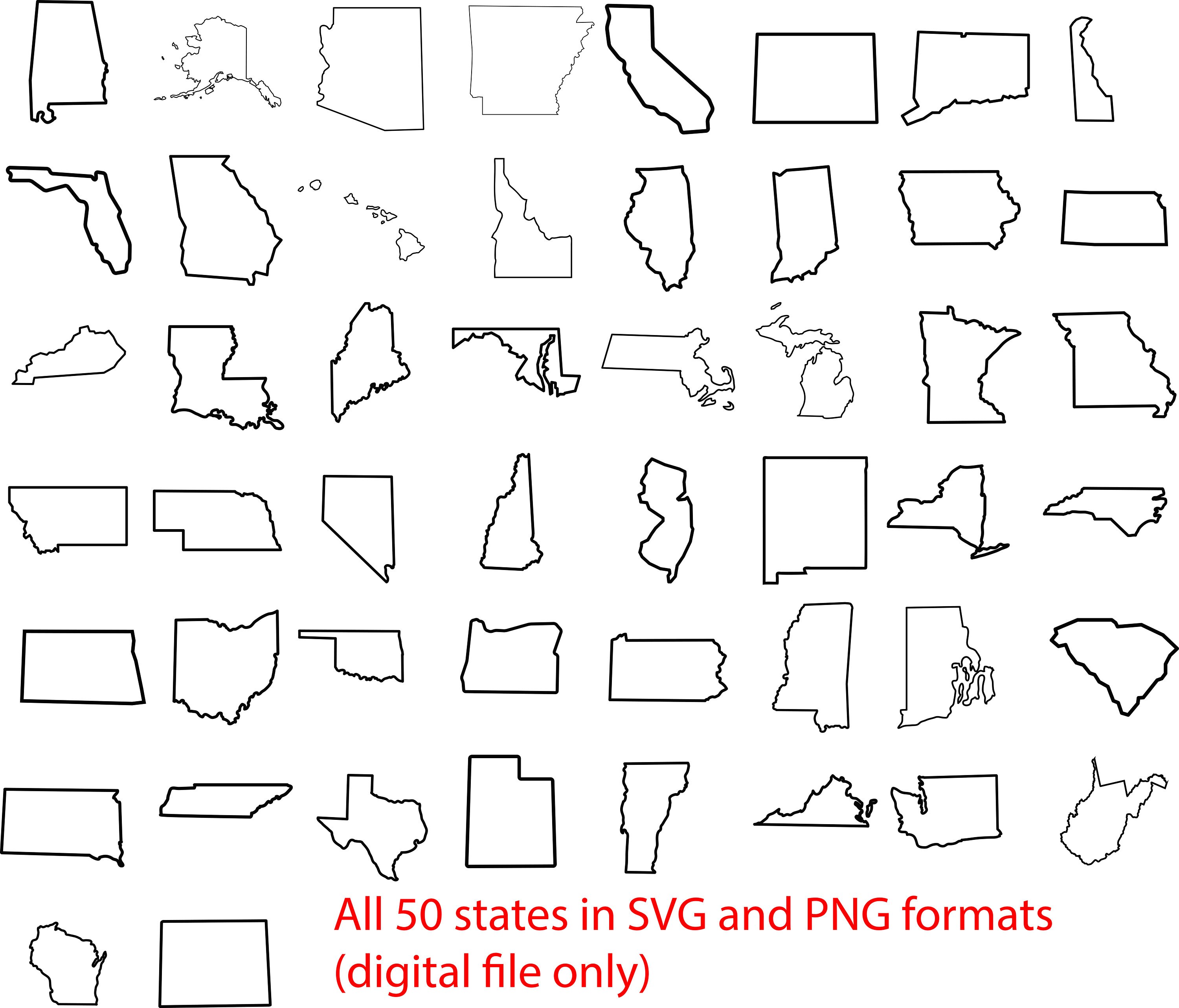 Simple 50 USA States Individual Outlines Shapes Svg and Png - Etsy