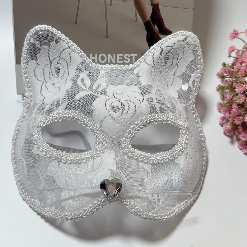 Lace Cat Ears Mask, Rhinestone Heart Detail, Women's Masquerade Costume ...