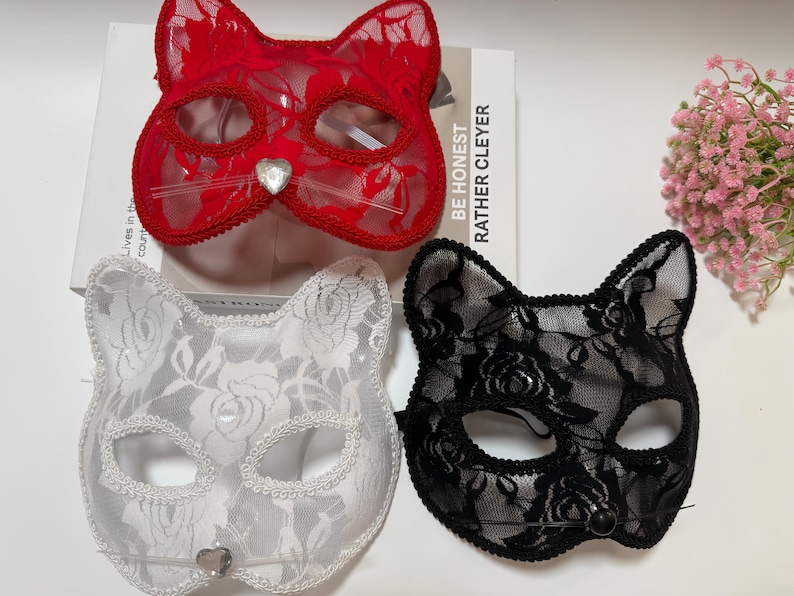 Lace Cat Ears Mask, Rhinestone Heart Detail, Women's Masquerade Costume ...