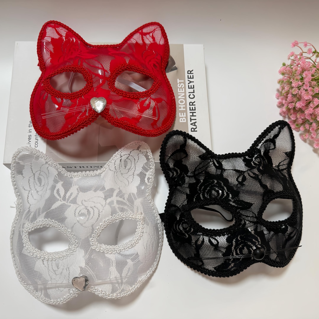 Lace Cat Ears Mask, Rhinestone Heart Detail, Women's Masquerade Costume ...