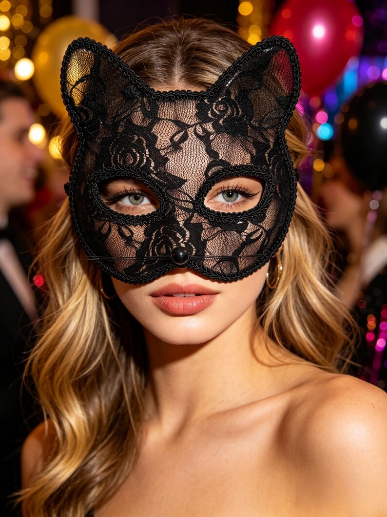 Lace Cat Ears Mask, Rhinestone Heart Detail, Women's Masquerade Costume ...