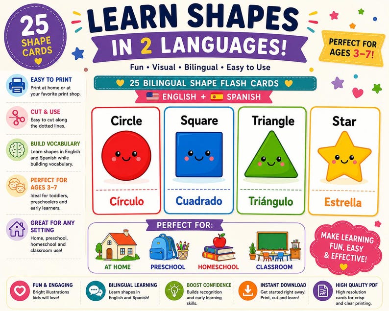 Bilingual Shapes Flash Cards for Kids. English & Spanish Shape Cards ...