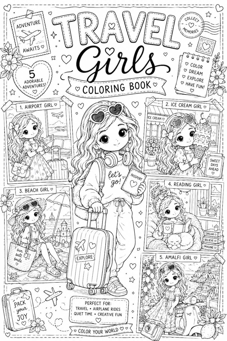 Travel Girls Coloring Book: Airport, Beach, Amalfi Adventures (digital ...