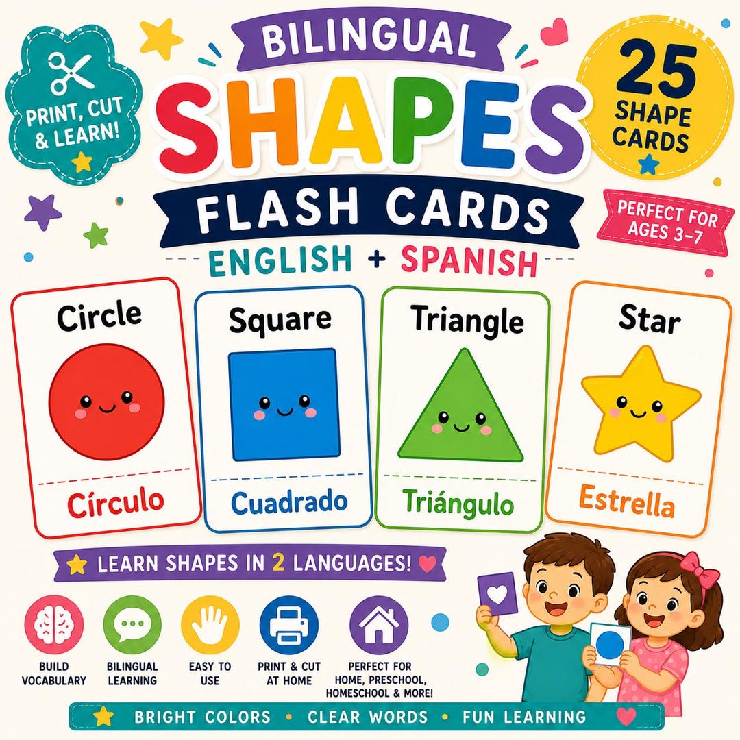Bilingual Shapes Flash Cards for Kids. English & Spanish Shape Cards ...