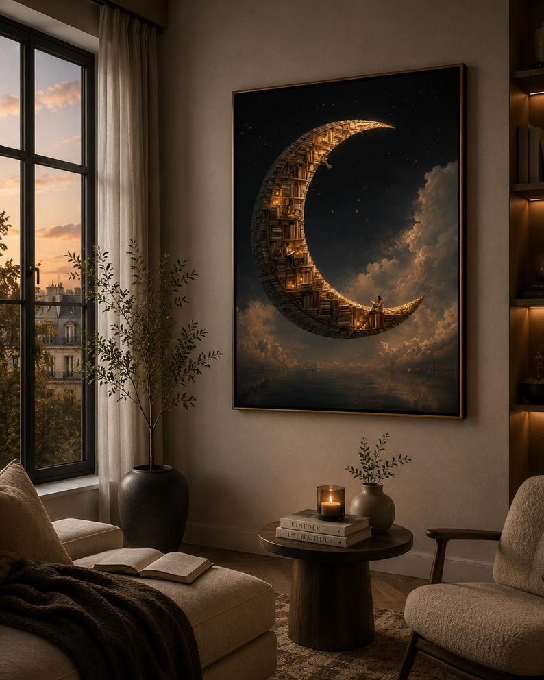 Crescent Moon Bookshelf Art | Dreamy Fantasy Reading Print (digital ...