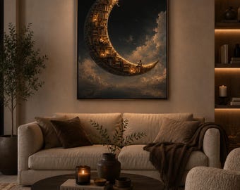 Crescent Moon Bookshelf Art | Dreamy Fantasy Reading Print (digital ...