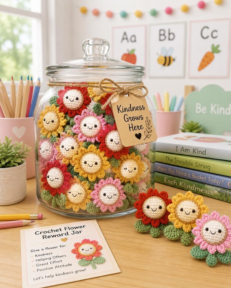 Classroom Reward System Crochet Flowers, Kindness Jar Tokens, Teacher ...