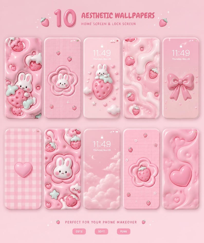 Pink Strawberry Kawaii App Icons | Widgets, Wallpapers (digital ...