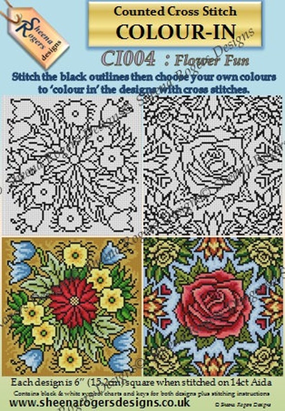 Colouring In with Cross Stitch PDF Charts Pack 4 Flower Fun | Etsy