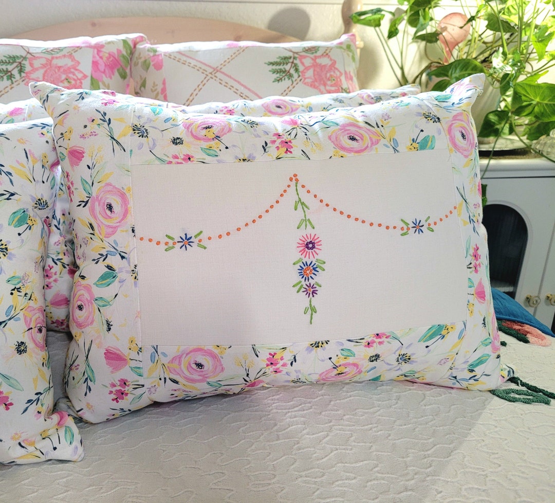 Floral Pillow, Cotton Pillow, Handmade Pillow, Pink Rose Pillows, Bed ...
