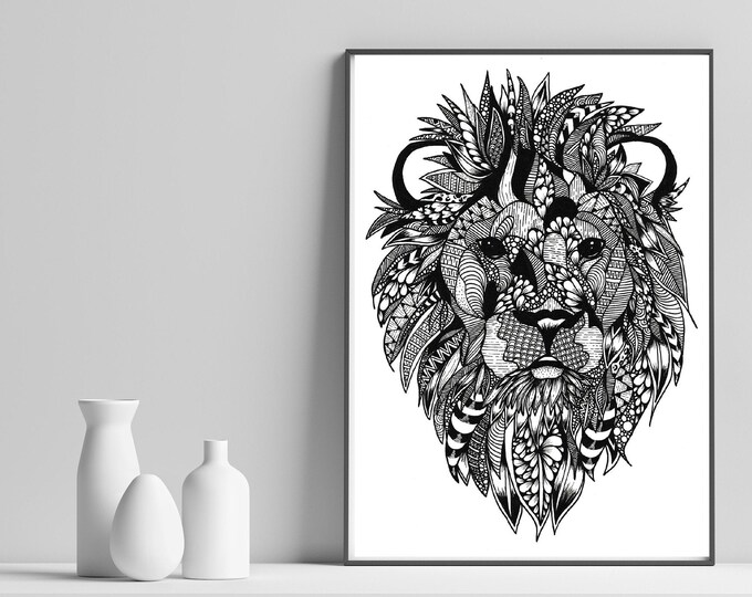 Lion Print, Zentangle Art, Lion Drawing, Art Prints, Black and White ...