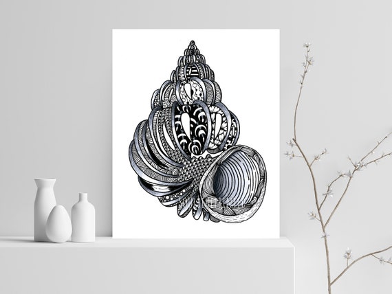Sea Shell Original Zentangle Art Hand Drawn Pen and Ink Wall | Etsy