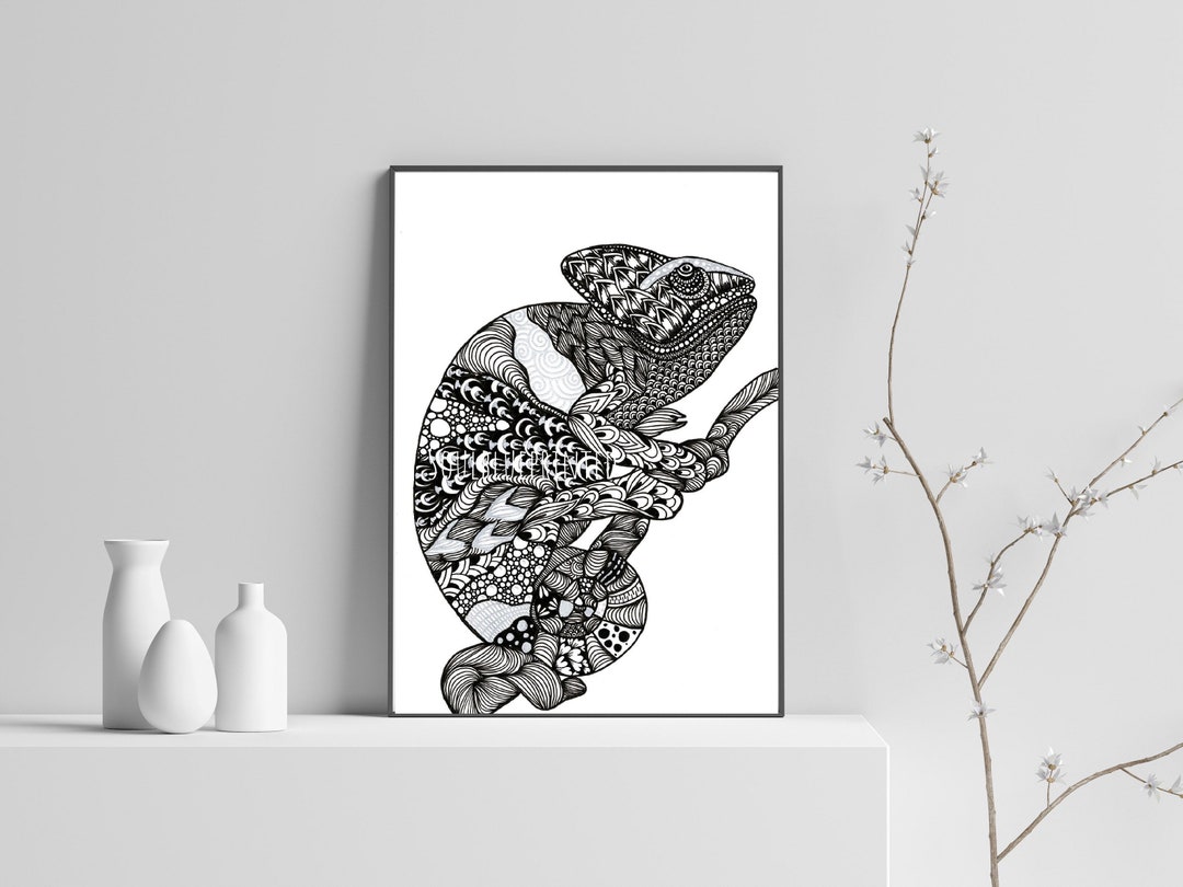 Chameleon Zentangle Art: Hand-drawn Pen & Ink Illustration - Etsy