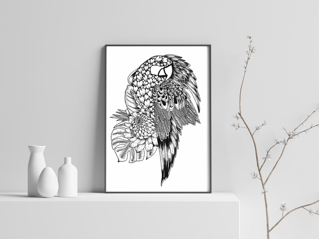 Parrot Print - Zentangle Parrot Print - Tropical Wall Art - Tropical ...