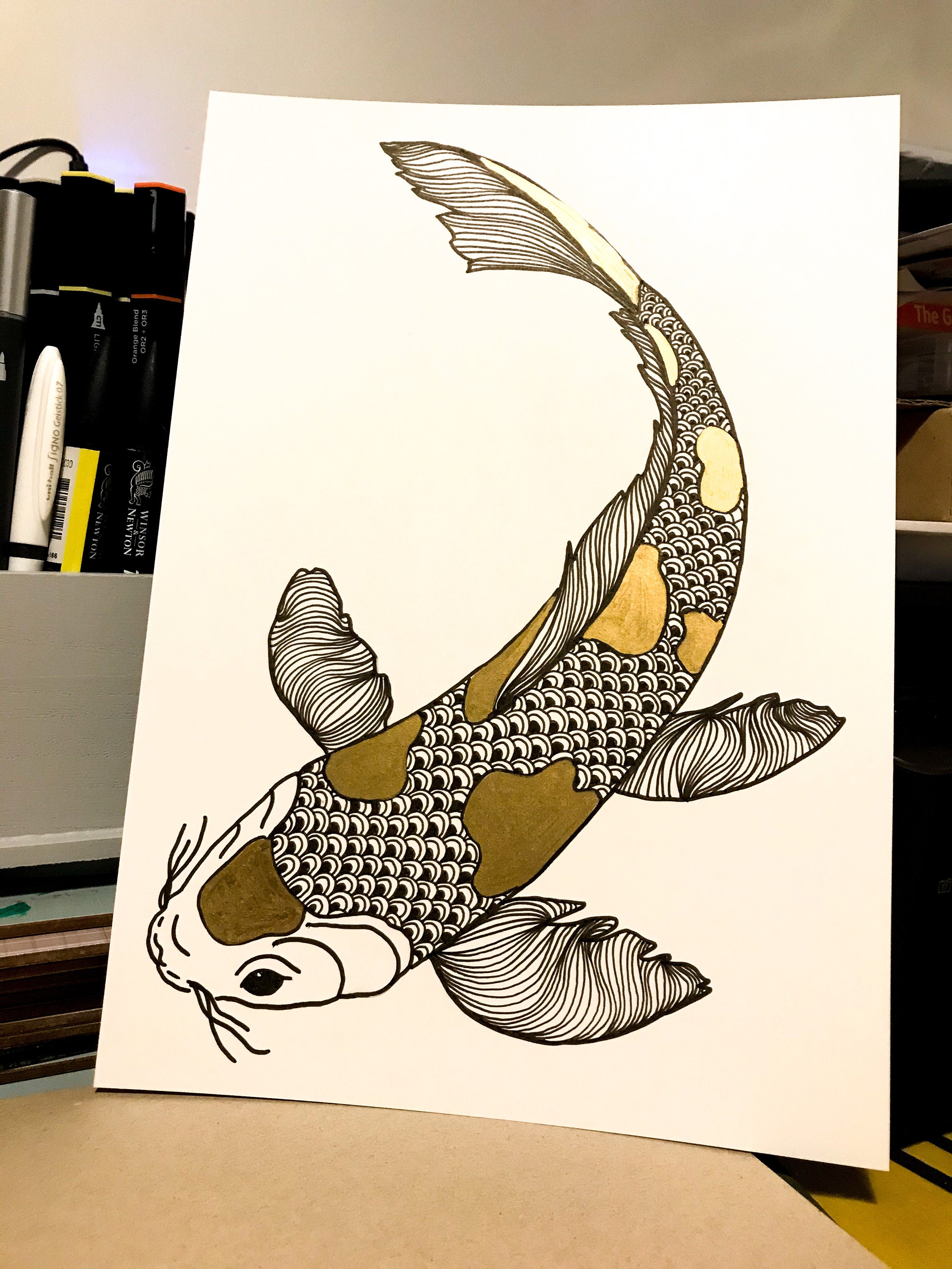Original Zentangle Koi Carp Art, Black and White Wall Art, Fish Art ...
