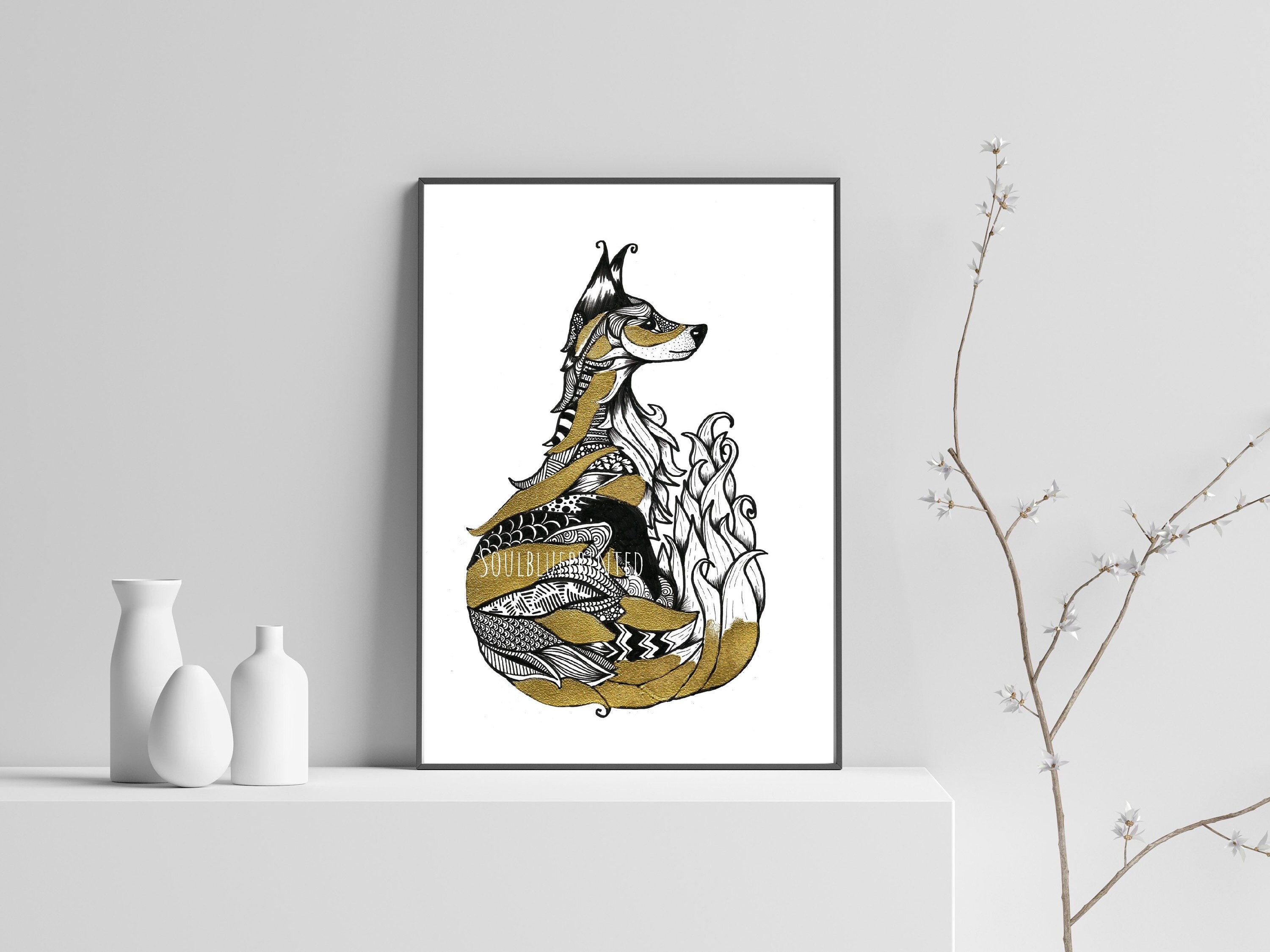 Abstract Fox Art A4 Hand Drawn and Embossed Artwork Black - Etsy UK