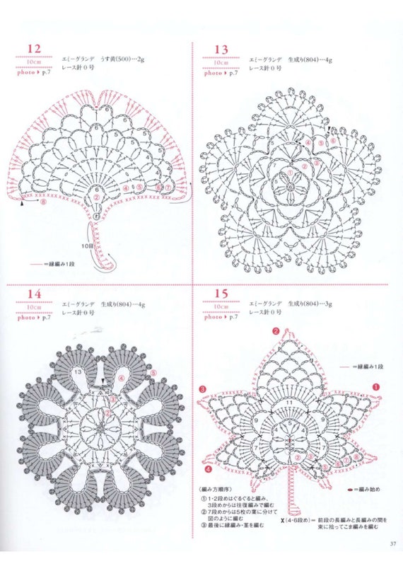 Japanese Flower Crochet Pattern Diagram 636. Yukiko Kuro Flower